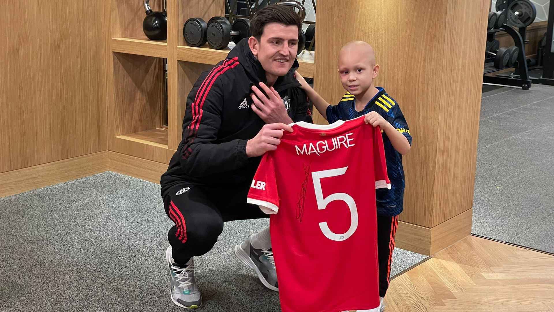 Man Utd captain Harry Maguire presents gifts to River Rhodes ...