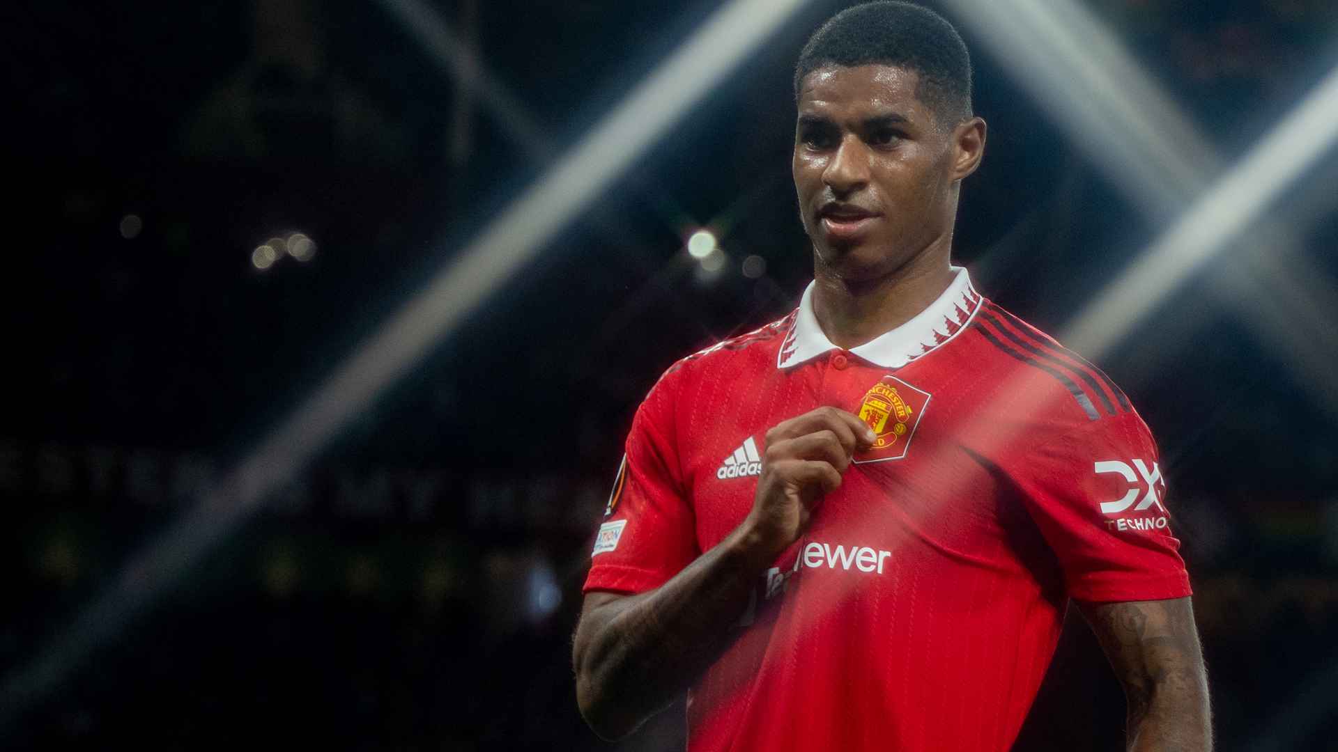 Marcus Rashford reacts to Man United v Sheriff Tiraspol 27 October 2022 ...
