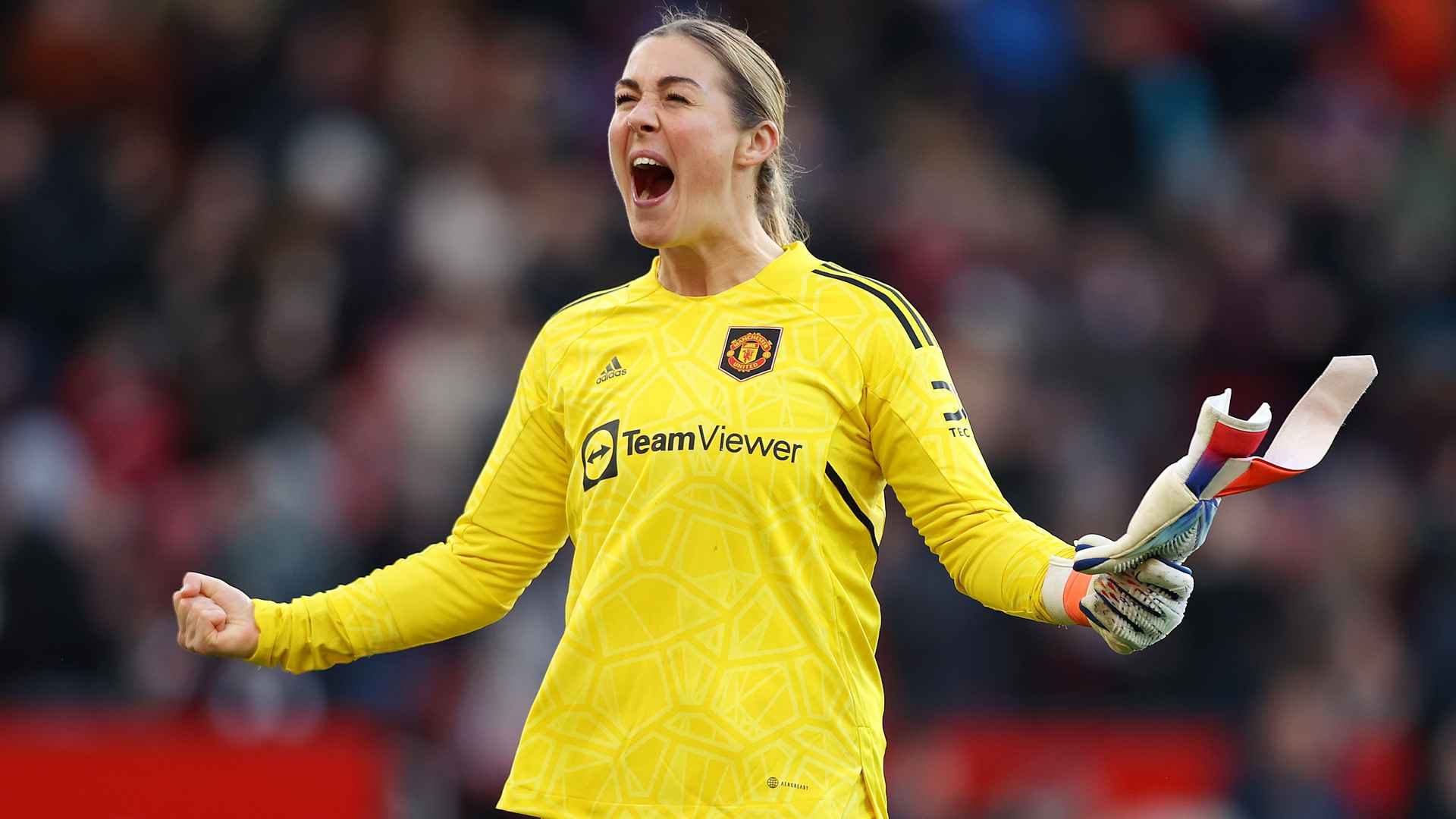Mary Earps reacts following Man Utd Women victory over Aston Villa at ...