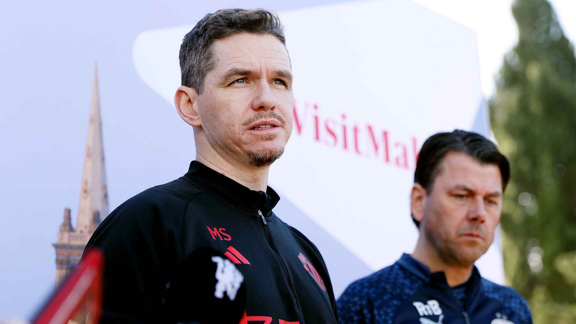 Man Utd Women head coach Marc Skinner speaks at a press conference ...