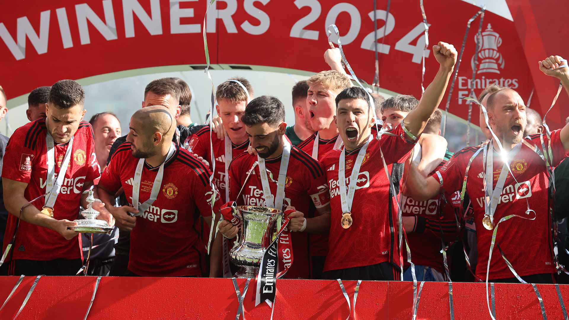 Man Utd players celebrate on the pitch after FA Cup final victory over ...