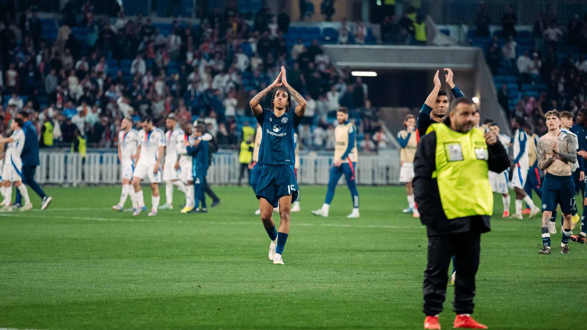 Leny Yoro reacts after scoring first Man Utd goal in Europa League tie ...