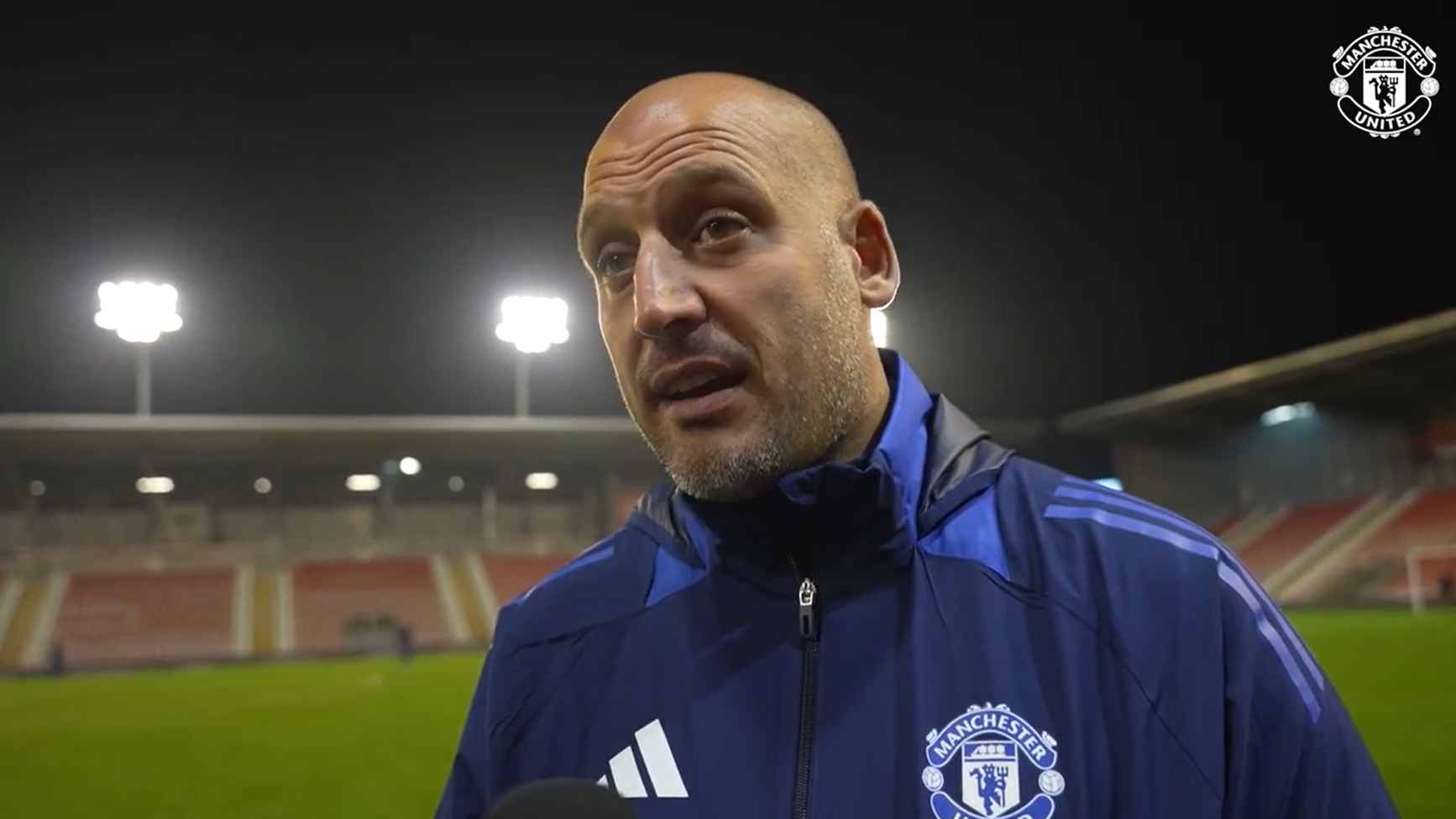 U19s coach Adam Lawrence reacts to victory over FK Zalgiris 6 November 2024 | Manchester United