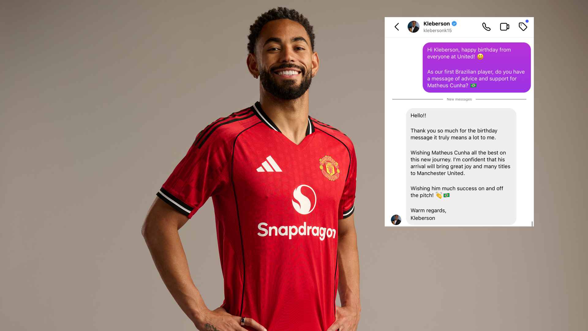 Kleberson sends Instagram DM of advice for Matheus Cunha | Manchester ...
